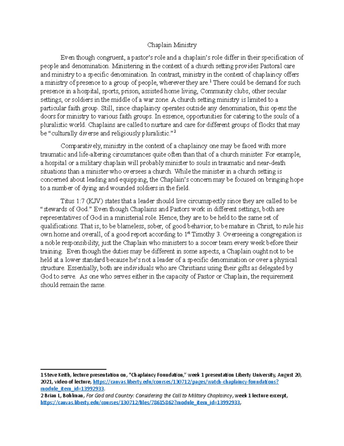 Chaplain Ministry: Roles and Responsibilities - Studocu