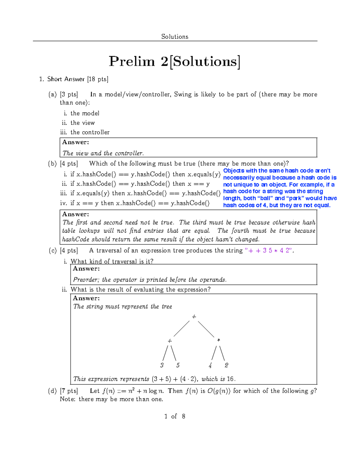 P2cs2110fa16a-sol - Past Prelim 2 from CS 2110 taught by Professor ...