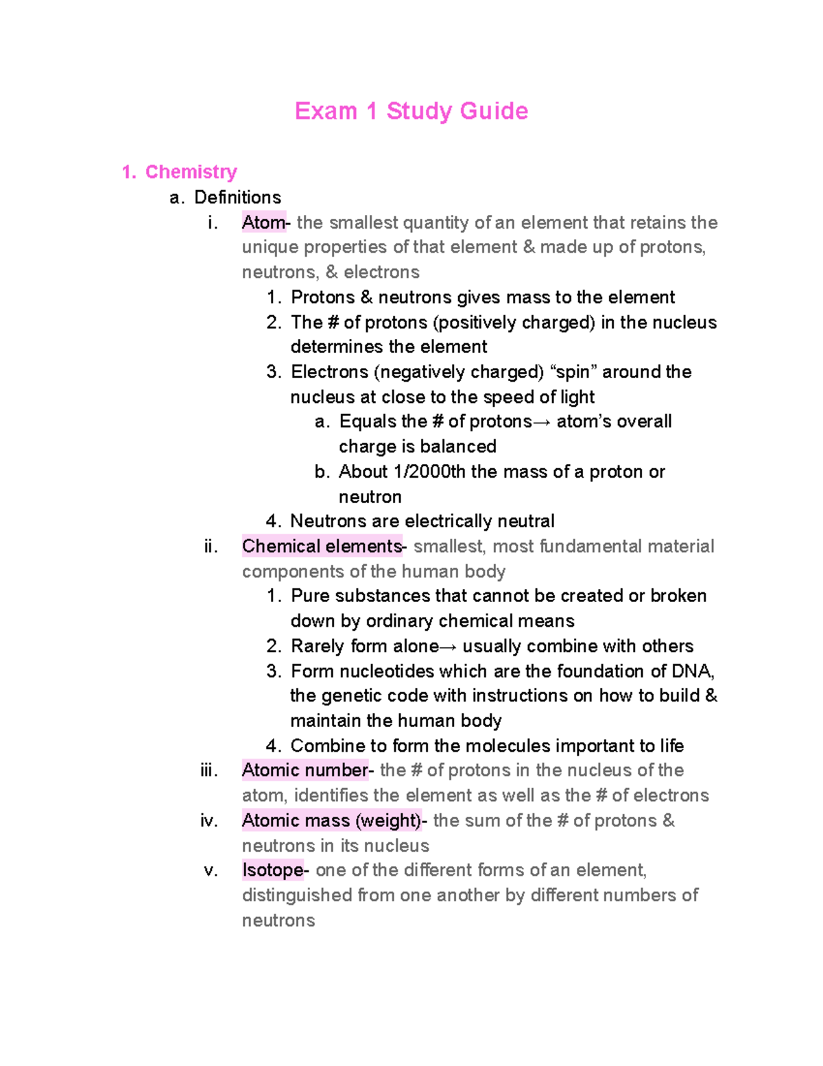 Exam 1 study guide-2 - exam review - Exam 1 Study Guide 1. Chemistry a ...