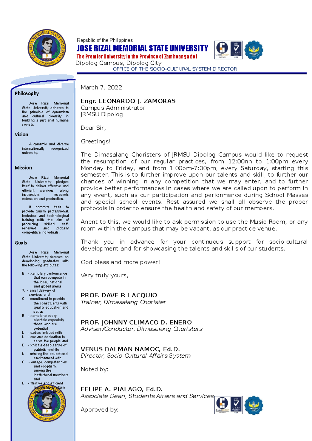 Letter for Practice - for choir - Republic of the Philippines JOSE RIZAL MEMORIAL STATE ...