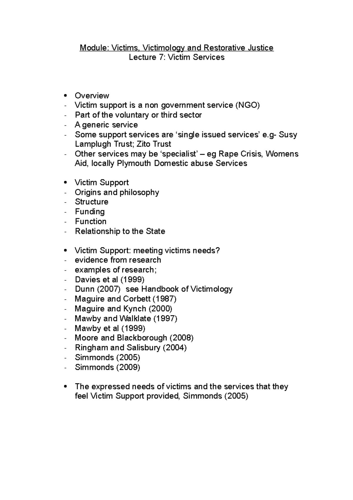 Notes for lecture 7 - victim services - Module: Victims, Victimology ...