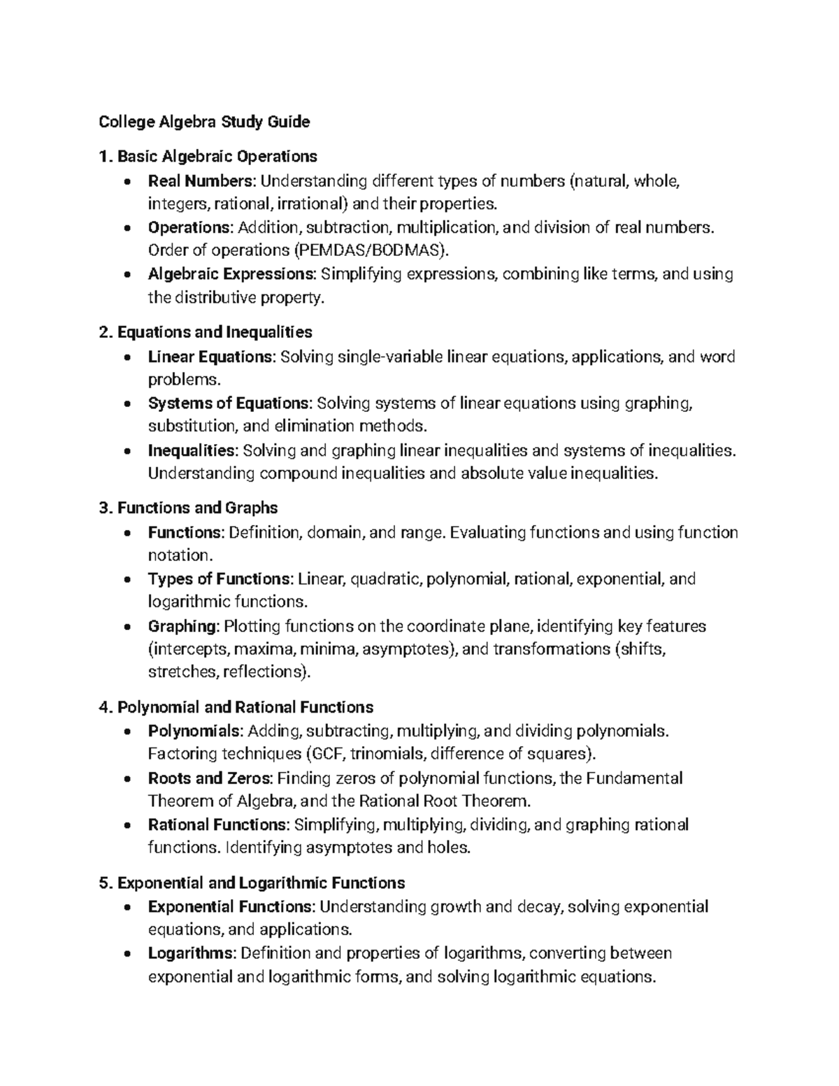 College Algebra Study Guide - College Algebra Study Guide Basic ...