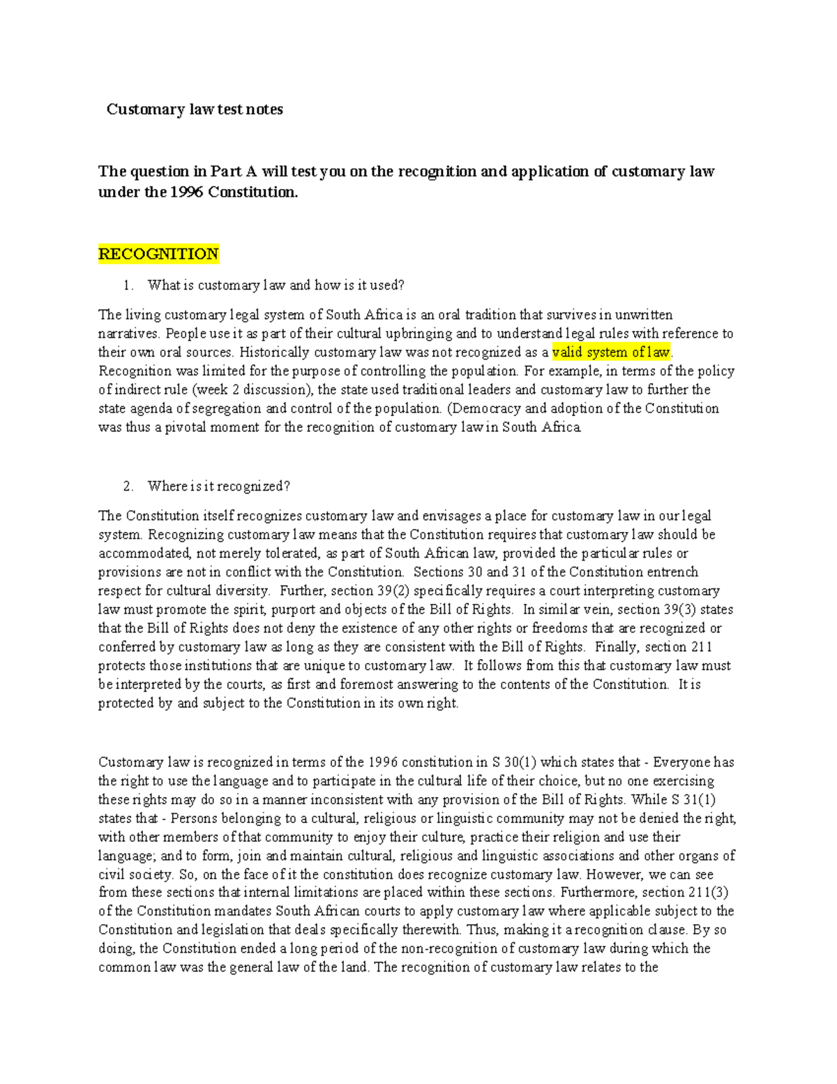 Cus notes - Customary law test notes The question in Part A will test ...