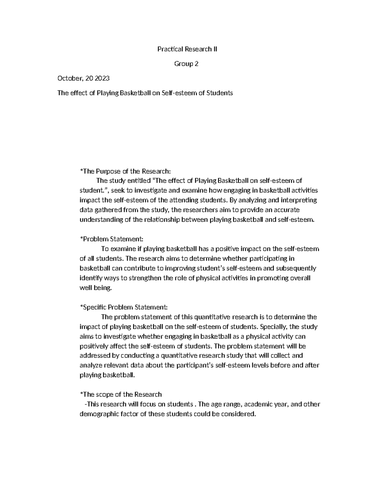 Sample Practical Research - Practical Research II Group 2 October, 20 ...