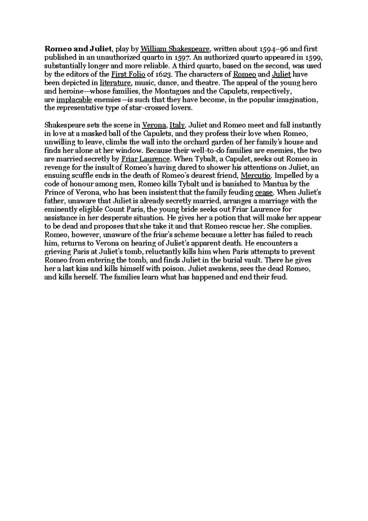 Romeo and Juliet info + a summary - Romeo and Juliet, play by William ...