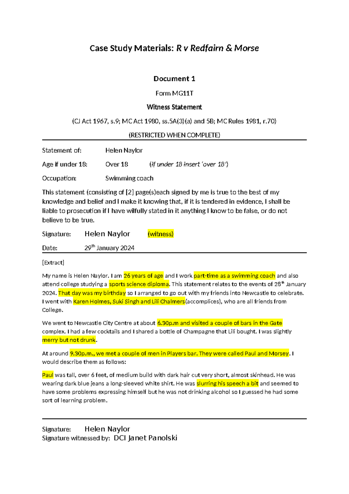 Case Study Materials Redfairn & Morse 2024 - Case Study Materials: R v ...