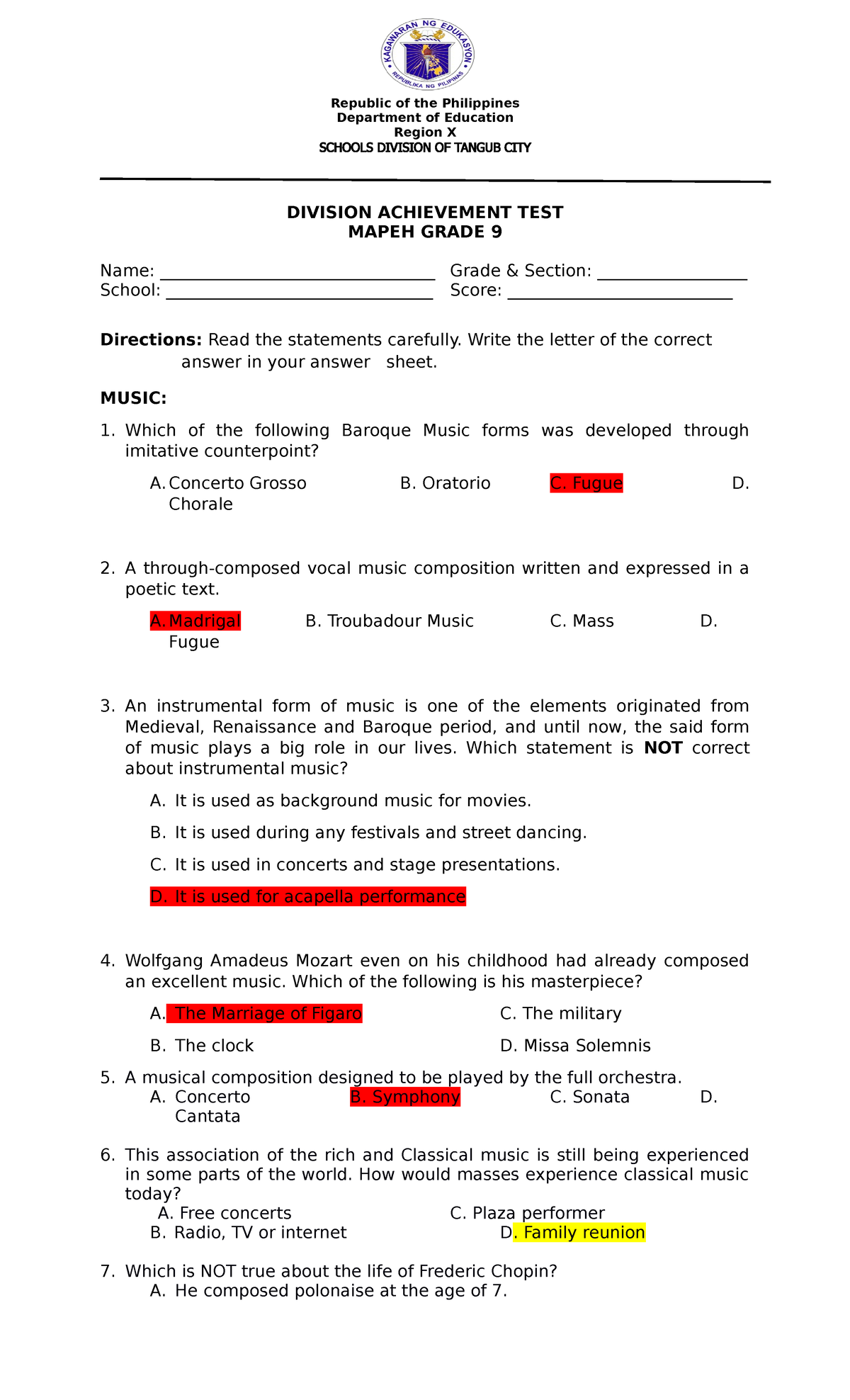 Mapeh DAT Grade 9 Revised 2023 - Department of Education Region X ...