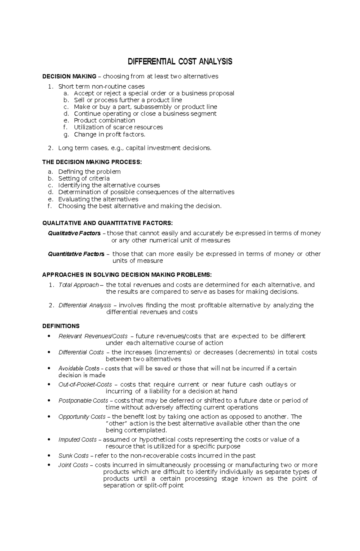 Differential- Costs- Analysis - DIFFERENTIAL COST ANALYSIS DECISION MAKING – choosing from at ...