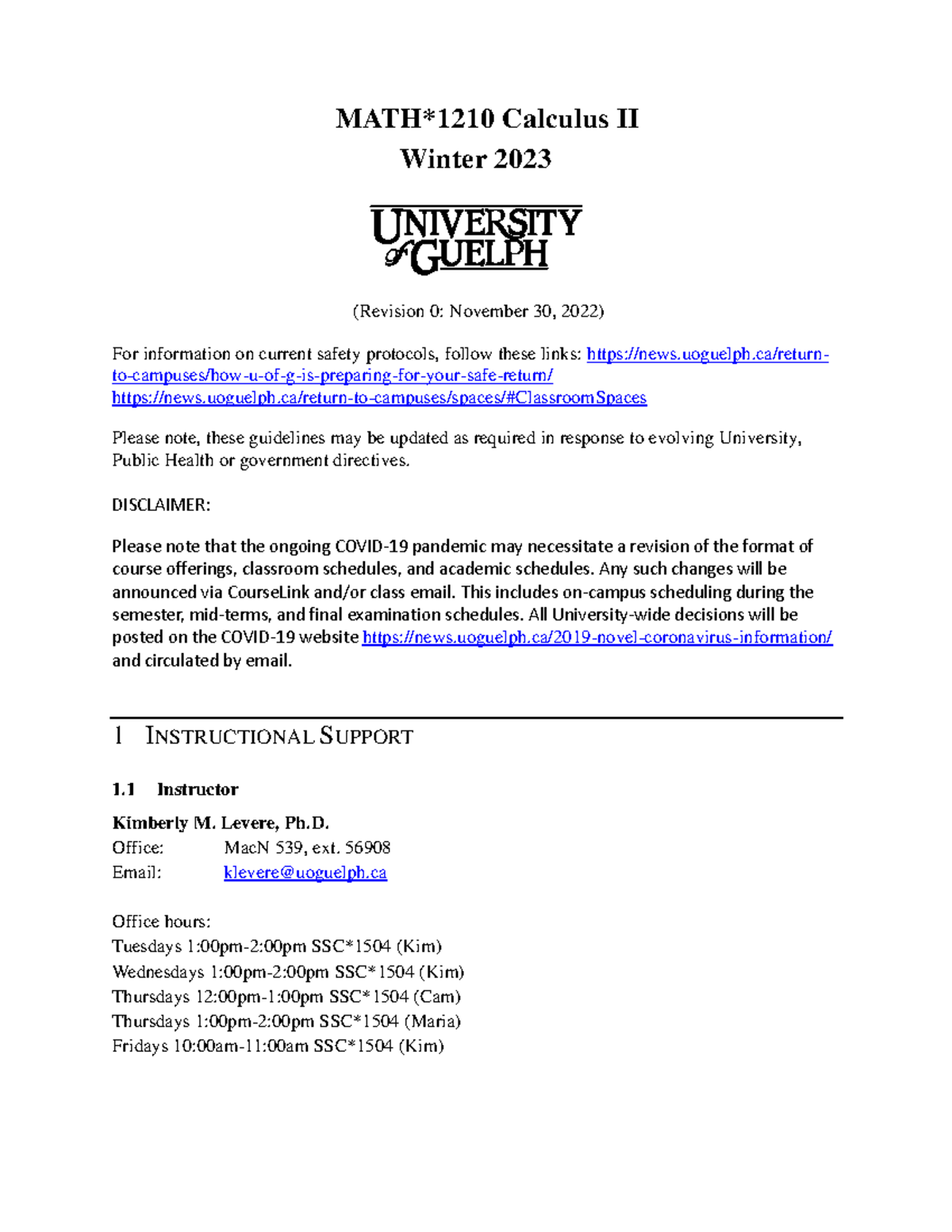 Winter 2023 course outline - MATH*1210 Calculus II Winter 20 23 ...