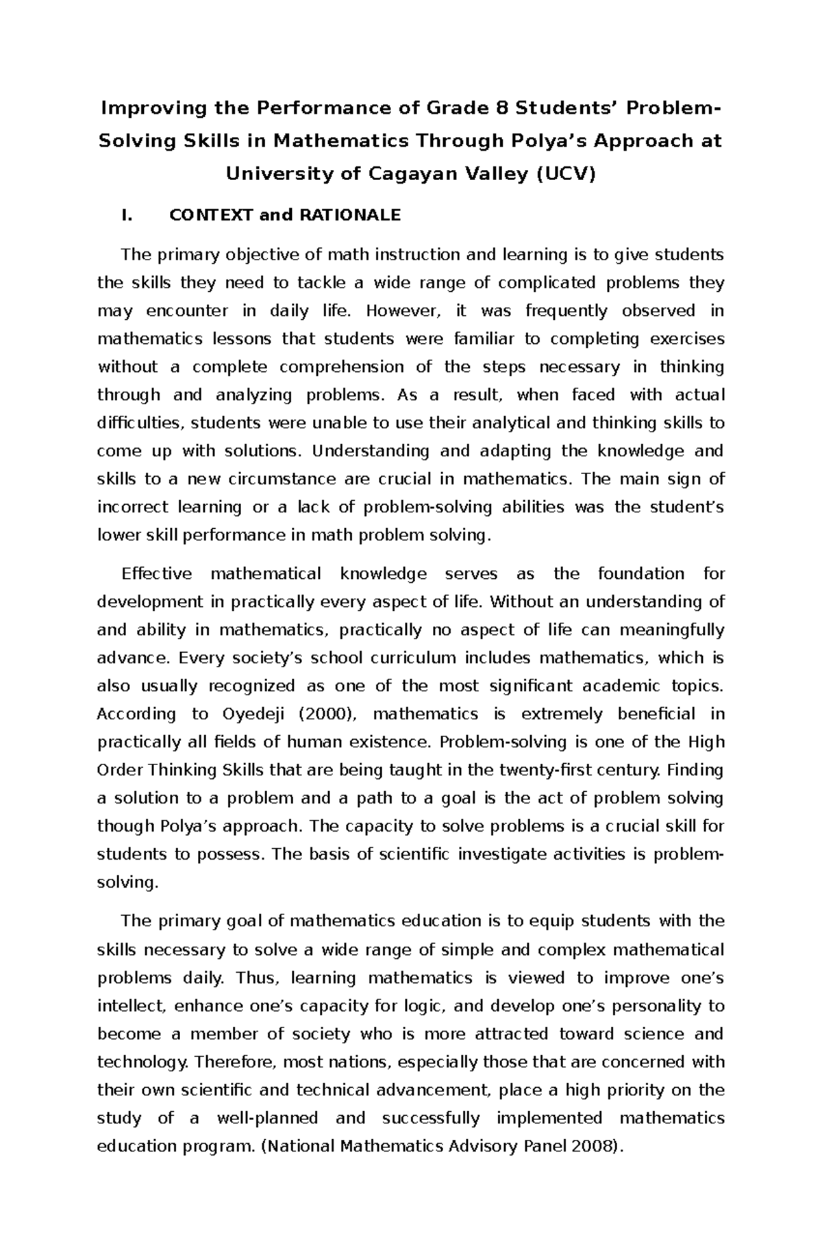 Improving THE Performance OF Grade 8 Students Improving The