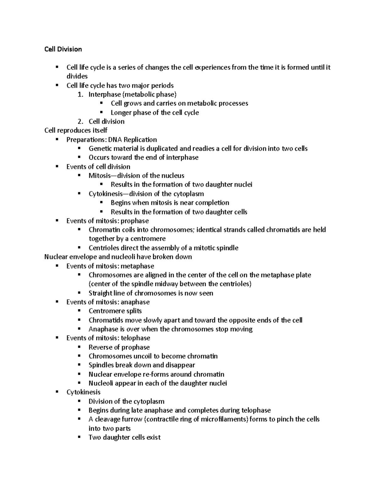 Cell Division notes - Cell Division § Cell life cycle is a series of ...