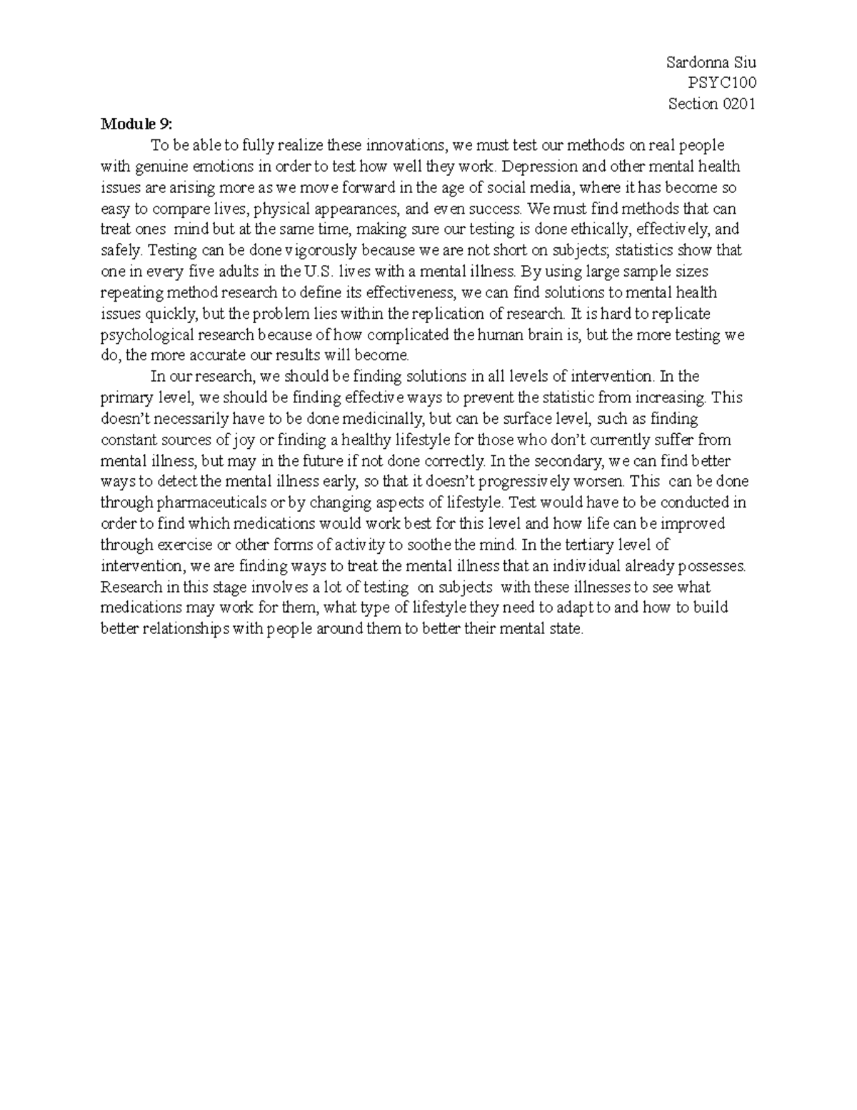 Psyc module 9 - Sardonna Siu PSYC Section 0201 Module 9: To be able to ...