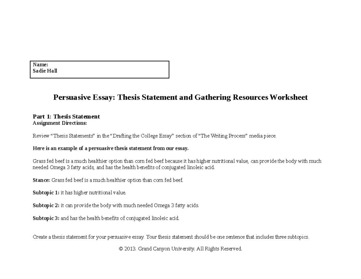 PHI105 T3 Thesis Statement and Gathering Resources Worksheet - Name ...