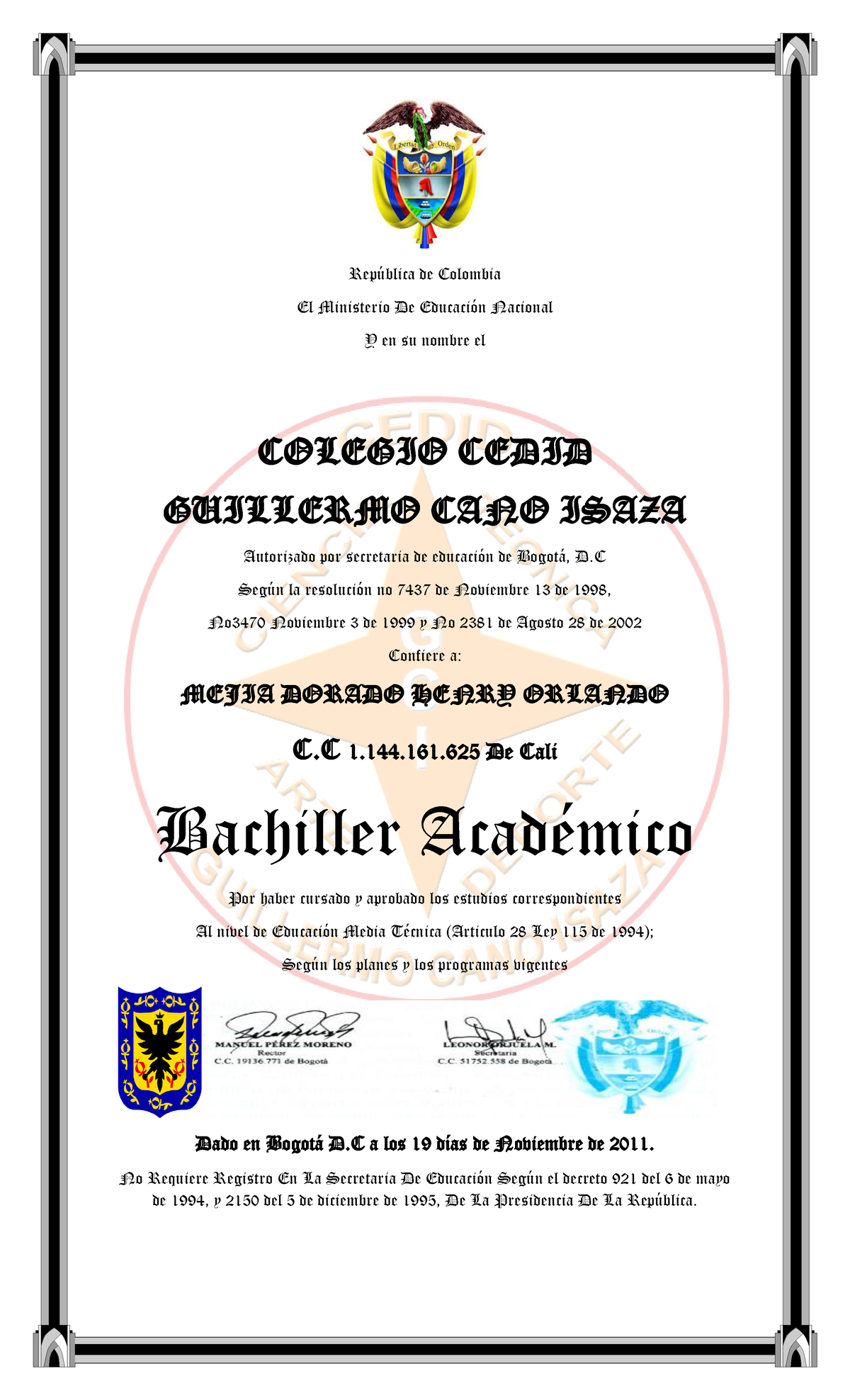 Diploma Bachillerato - República de Colombia El Ministerio De Educación ...