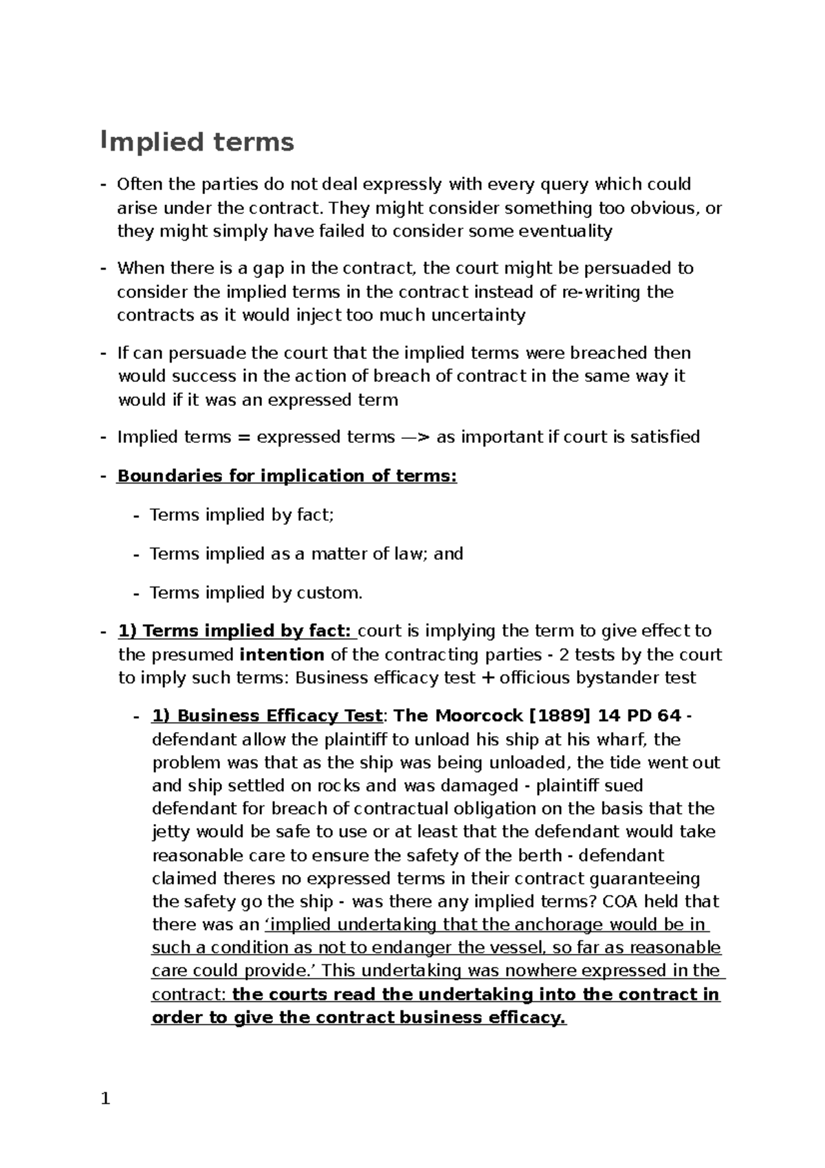 8) Implied terms - Implied terms - Often the parties do not deal expressly with every query ...