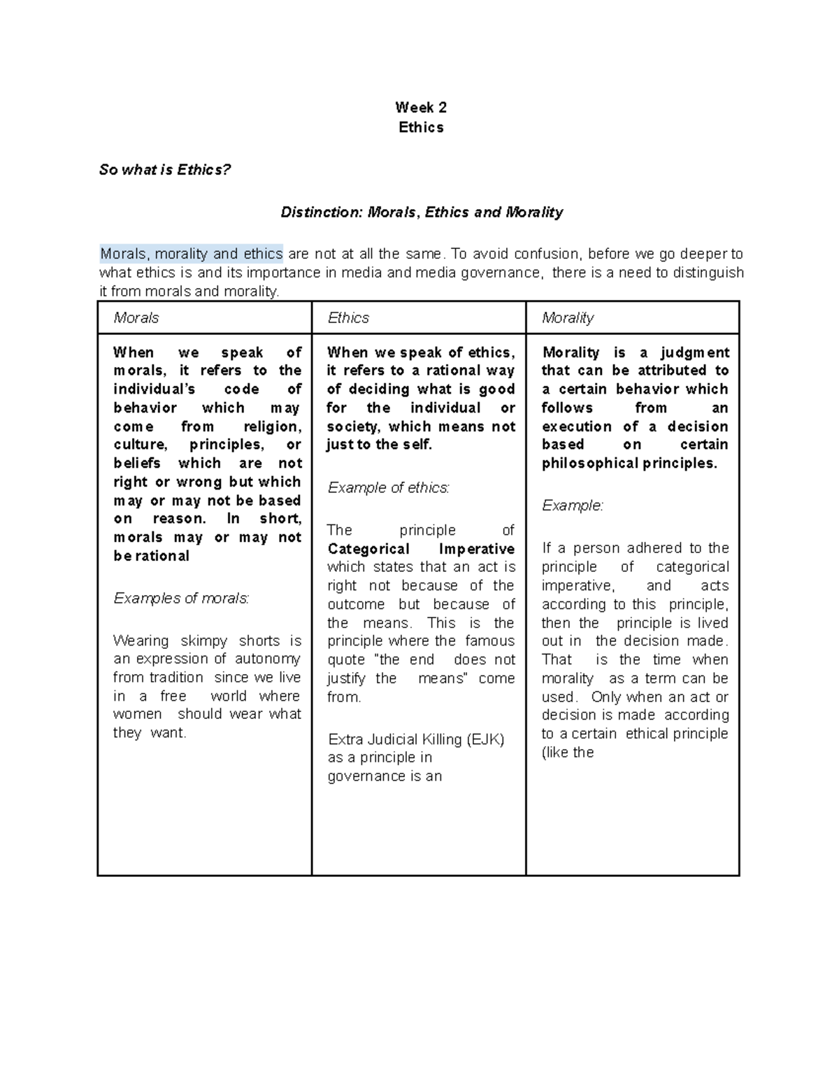 What is ethics-1 - Week 2 Ethics So what is Ethics? Distinction: Morals ...
