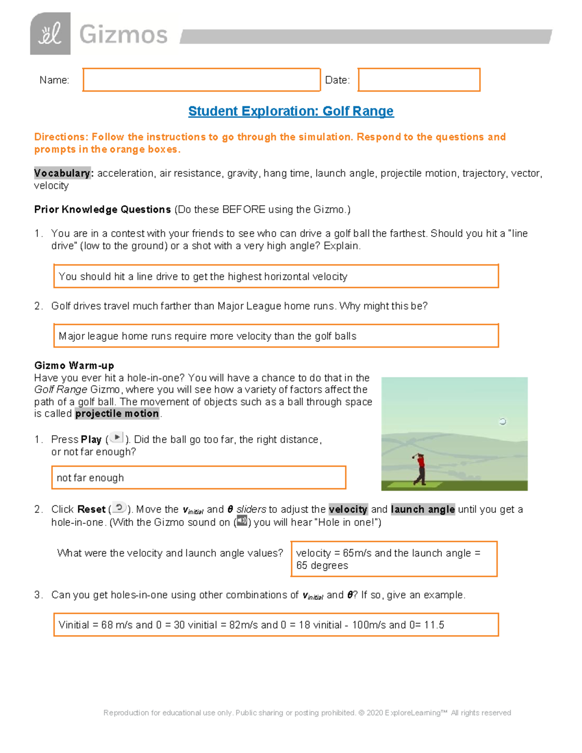 Gizmo Golf Range (Modified) - Name: Date: Student Exploration: Golf ...