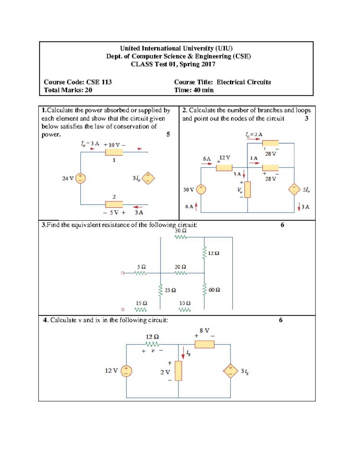 Class Test Question 1 - CT Ques - 1 the power absorbed or supplied by ...