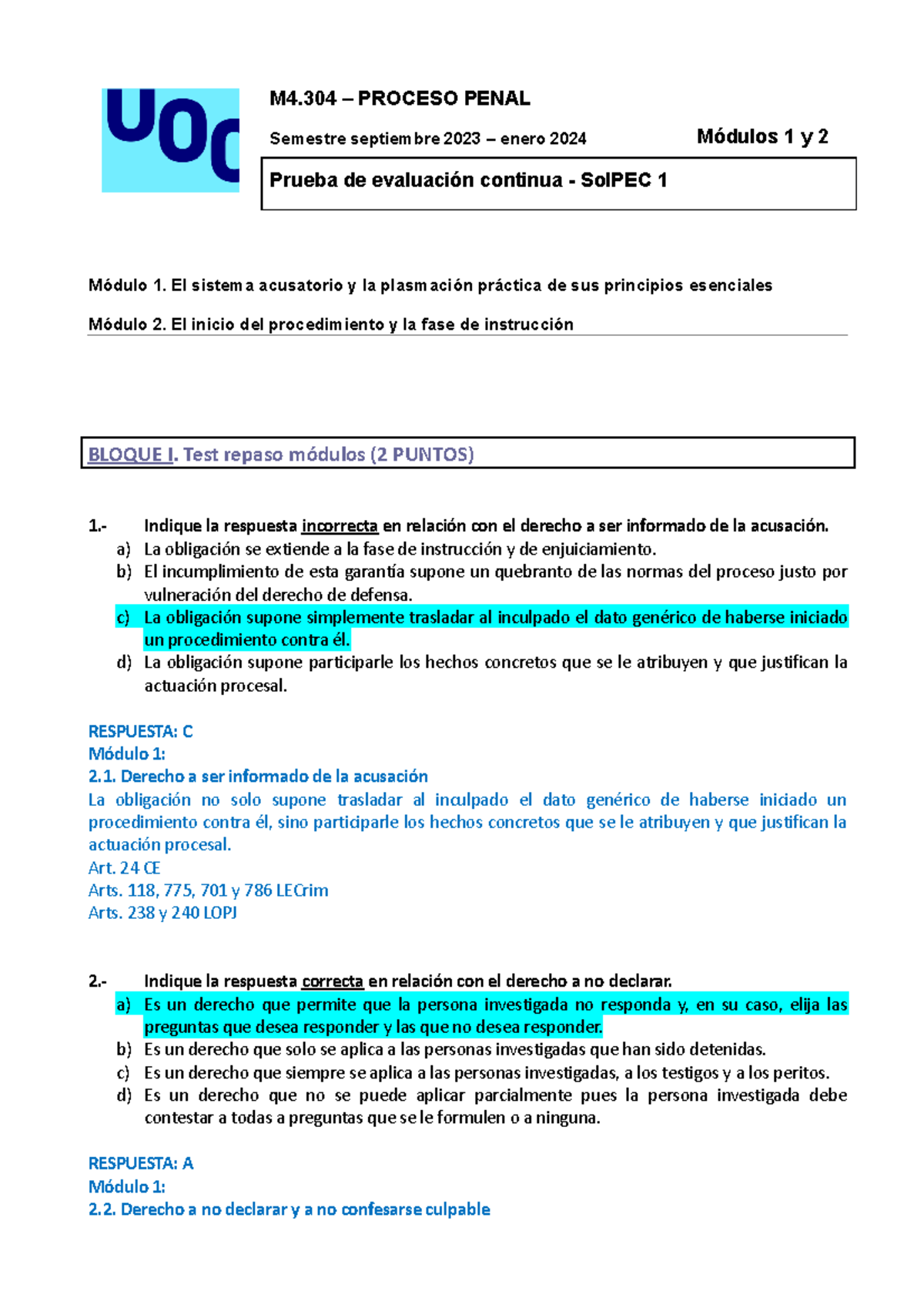 solución pec 1 2023/2024 - M4 – PROCESO PENAL Semestre septiembre 2023 – enero 2024 Módulos 1 y ...