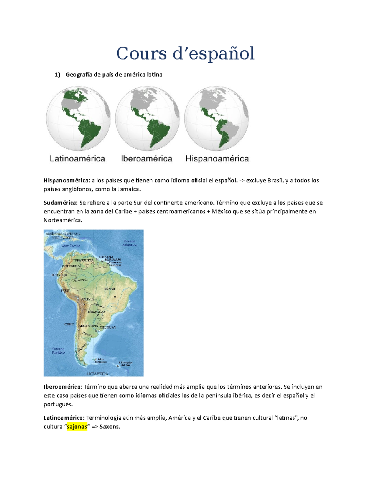 Cours d'espanol partie 1 Amerique latine - Cours d’español 1) Geografía ...