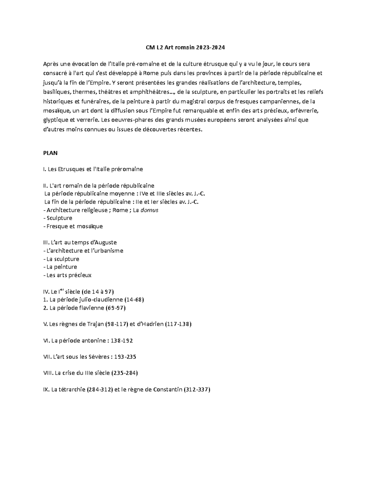 Plan CM L2 - plan de cours art romain - CM L2 Art romain 2023- Après ...
