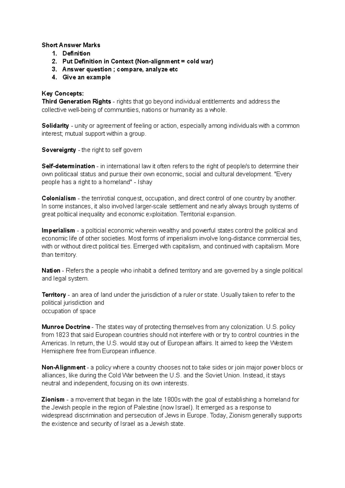 Human Rights Quiz #3 study guide - Short Answer Marks 1. Definition 2 ...