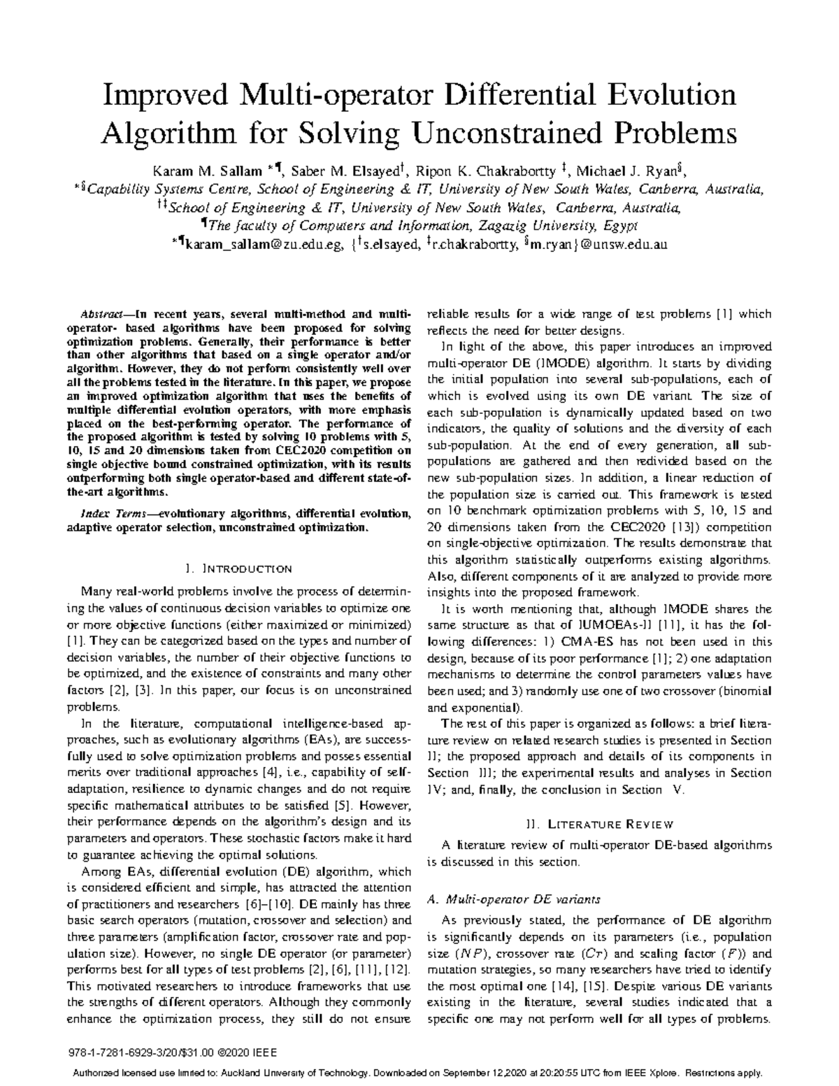 Imode - Improved Multi-operator Differential Evolution Algorithm for Solving Unconstrained ...