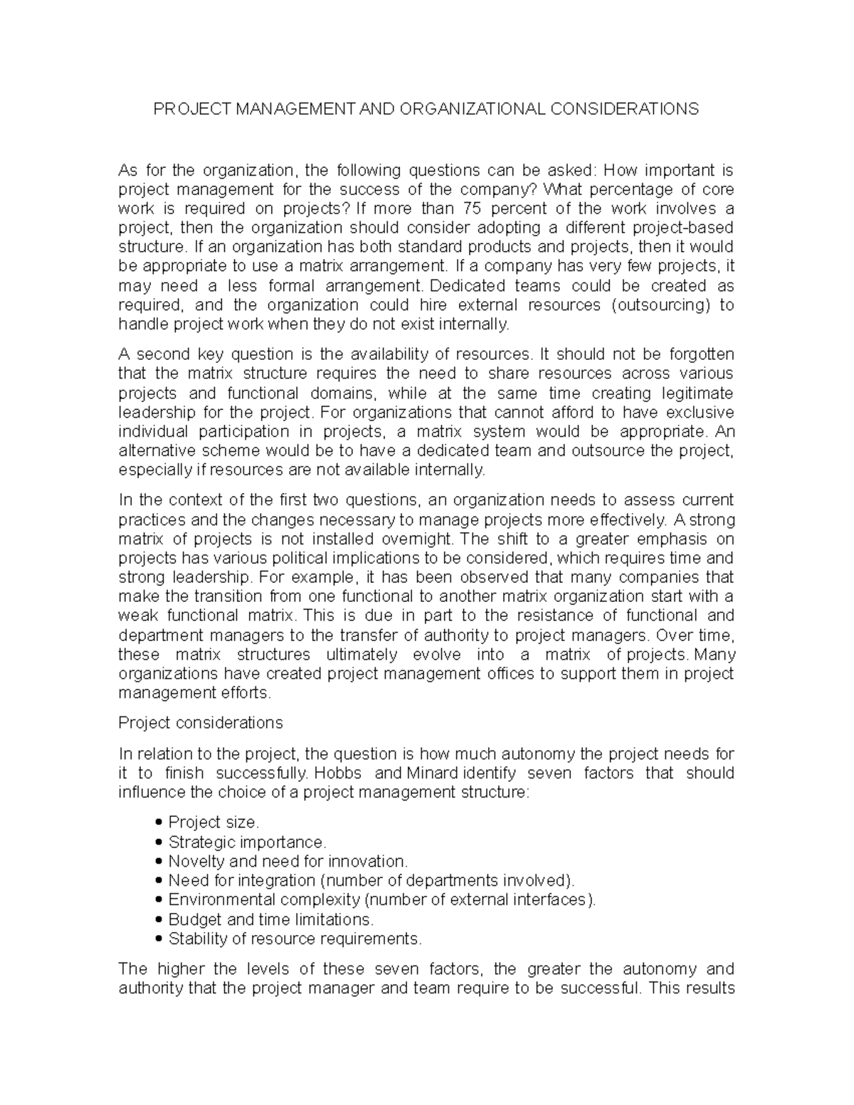 PROJECT MANAGEMENT AND ORGANIZATIONAL CONSIDERATIONS - If an ...