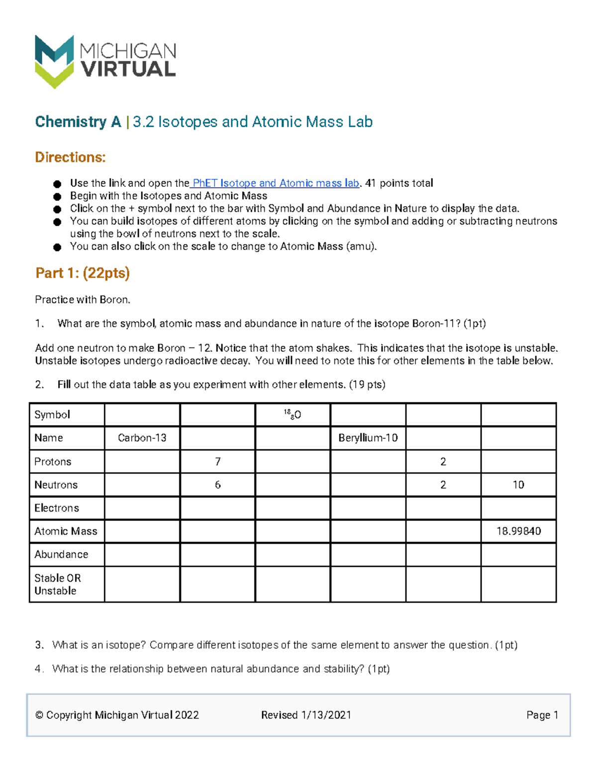 Chemistry 2 3.2 Isotopes and Atomic Mass Lab - Chemistry A | 3 Isotopes ...
