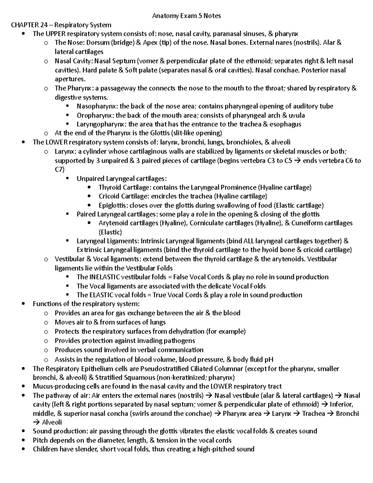 Anatomy Exam 5 Notes - Anatomy Exam 5 Notes CHAPTER 24 – Respiratory ...