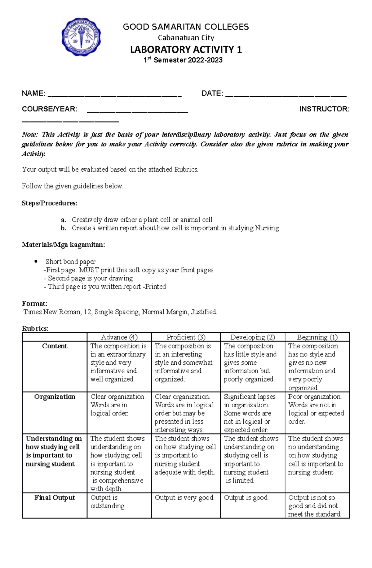 BSN Biochem LAB ACT - Act gsm colleges - GOOD SAMARITAN COLLEGES ...