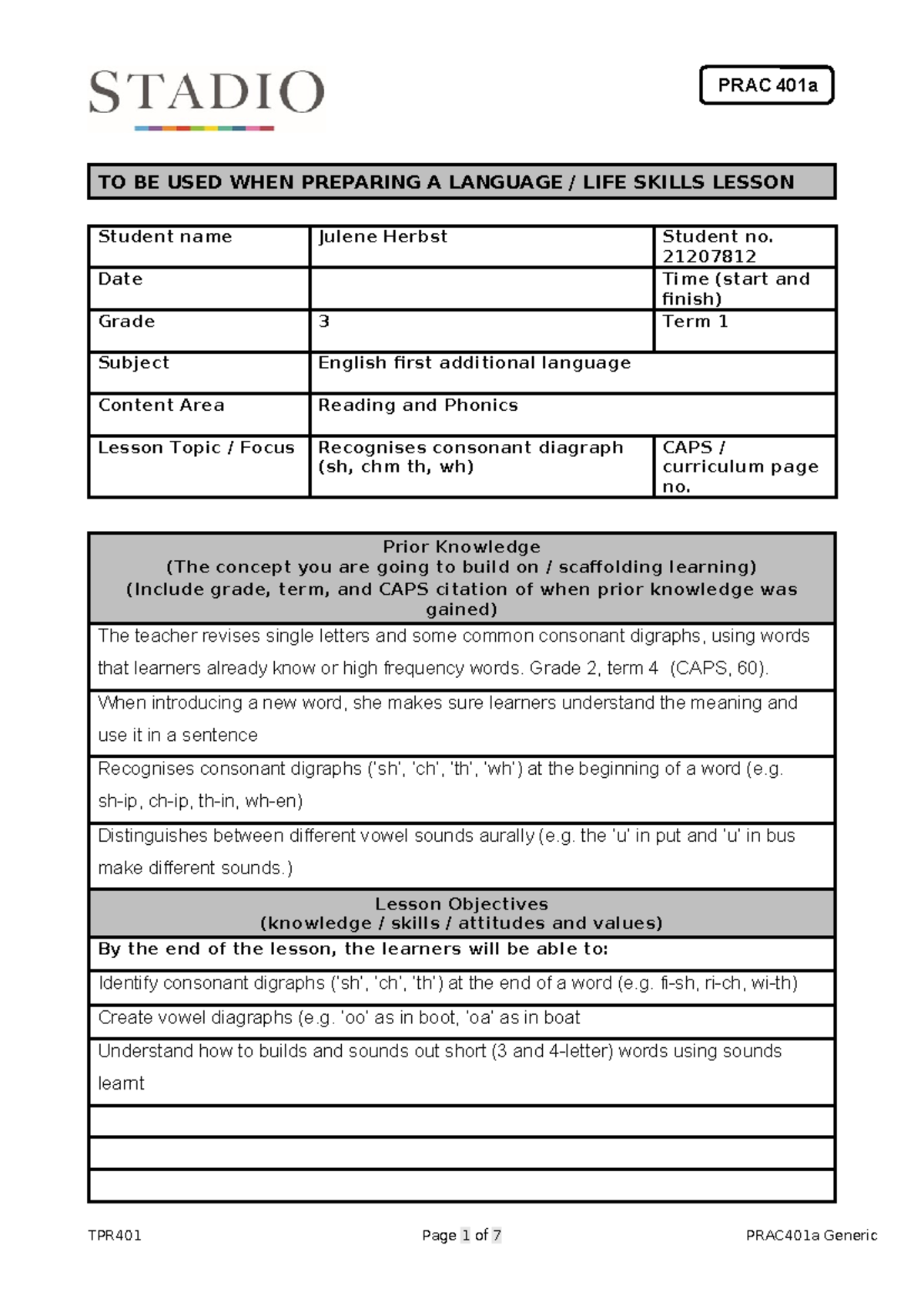 PRAC401a eng sh th Lesson Plan 2024-1 - TO BE USED WHEN PREPARING A ...
