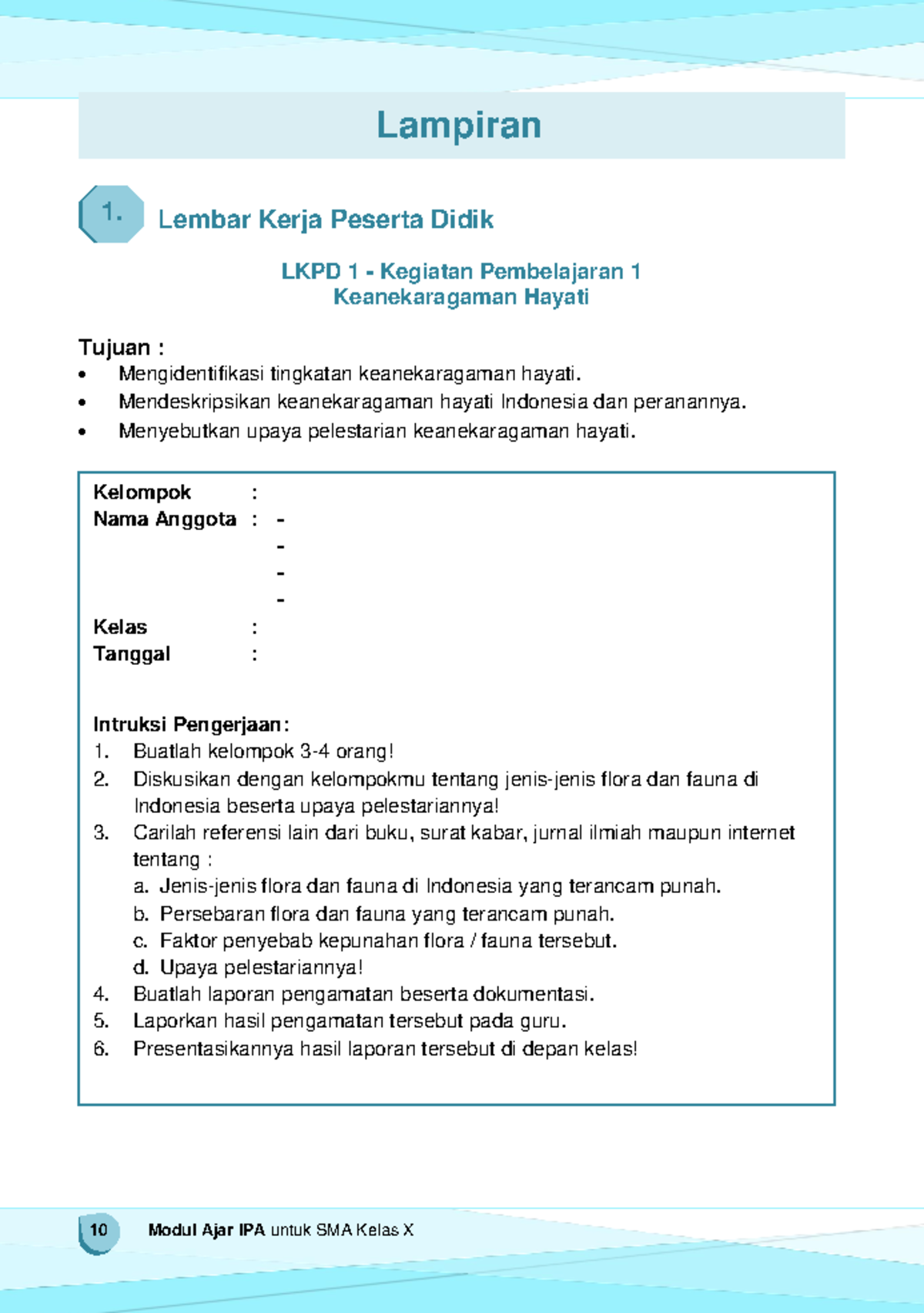 LKPD Pembelajaran 1 - LKPD BIOLOGI - 10 Modul Ajar IPA untuk SMA Kelas X Lampiran LKPD 1 ...