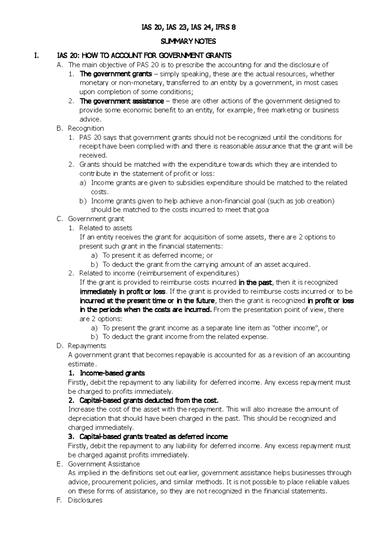 IAS 20 IAS 23 IAS 24 IFRS 8 Summary Notes IAS 20 IAS 23 IAS 24