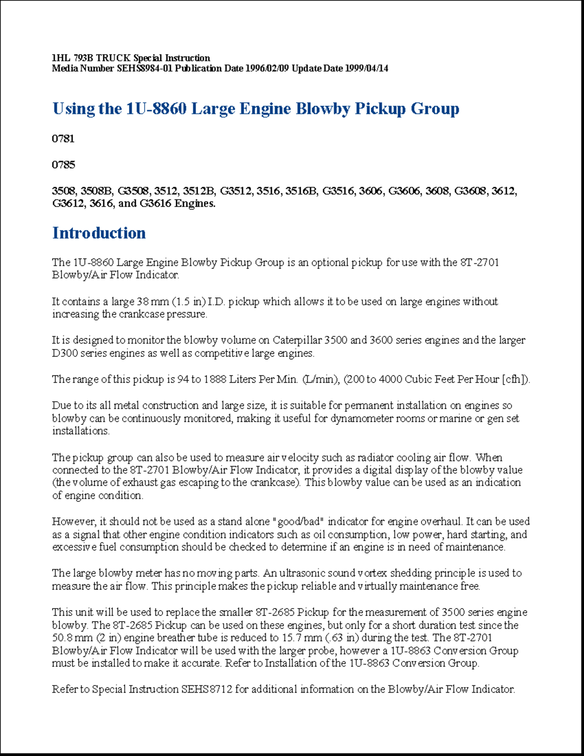 SEHS8984-01 - 1U8860 Blowby Tool - 1HL 793B TRUCK Special Instruction ...