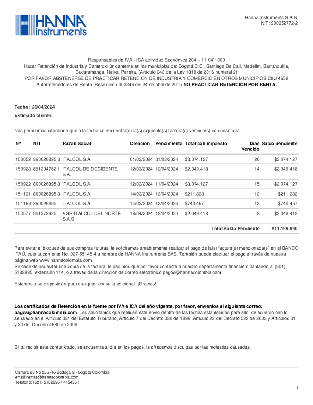 Mpdf-10 - Hanna Instruments S.A. NIT: 900352772- Carrera 98 No 25G-10 ...
