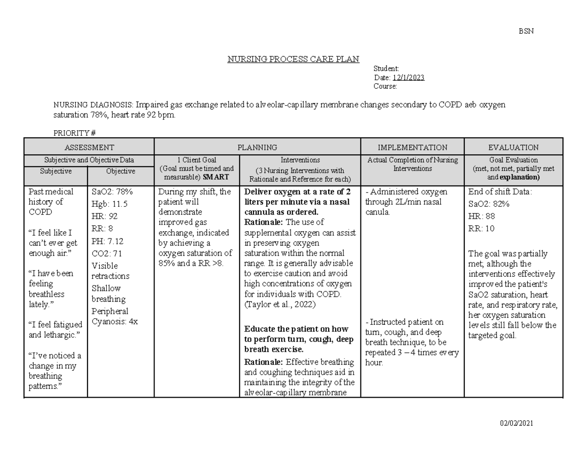 Q2 Care plan 2 - Poor tissue perfusion care plan - NURSING PROCESS CARE ...