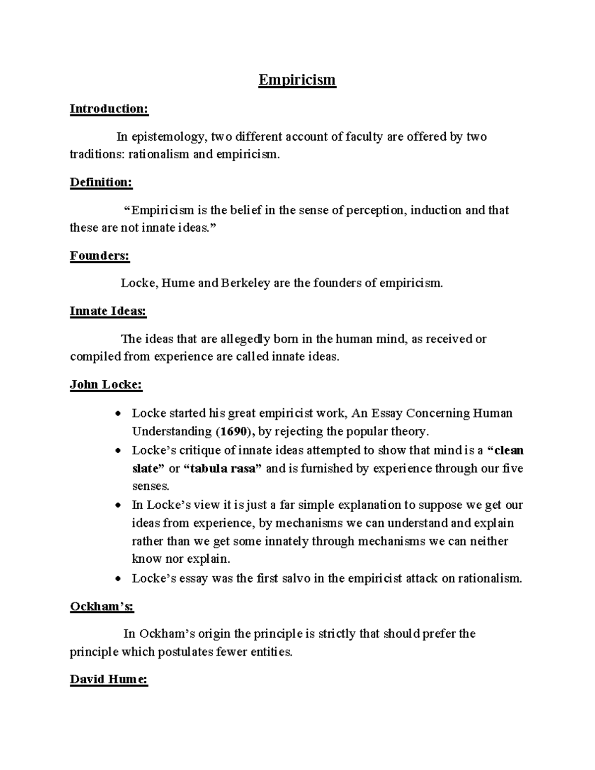 Philosophy notes - Empiricism Introduction: In epistemology, two ...