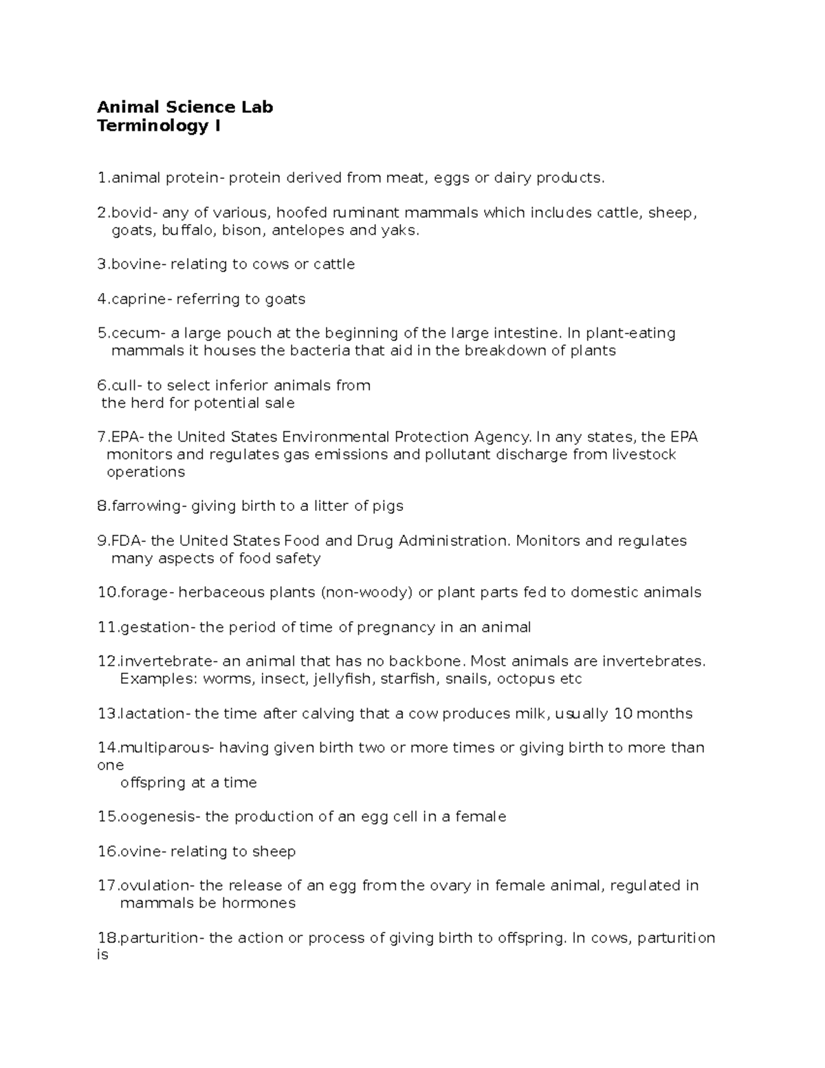 AS Lab Terminology I Handout - Animal Science Lab Terminology I 1 ...