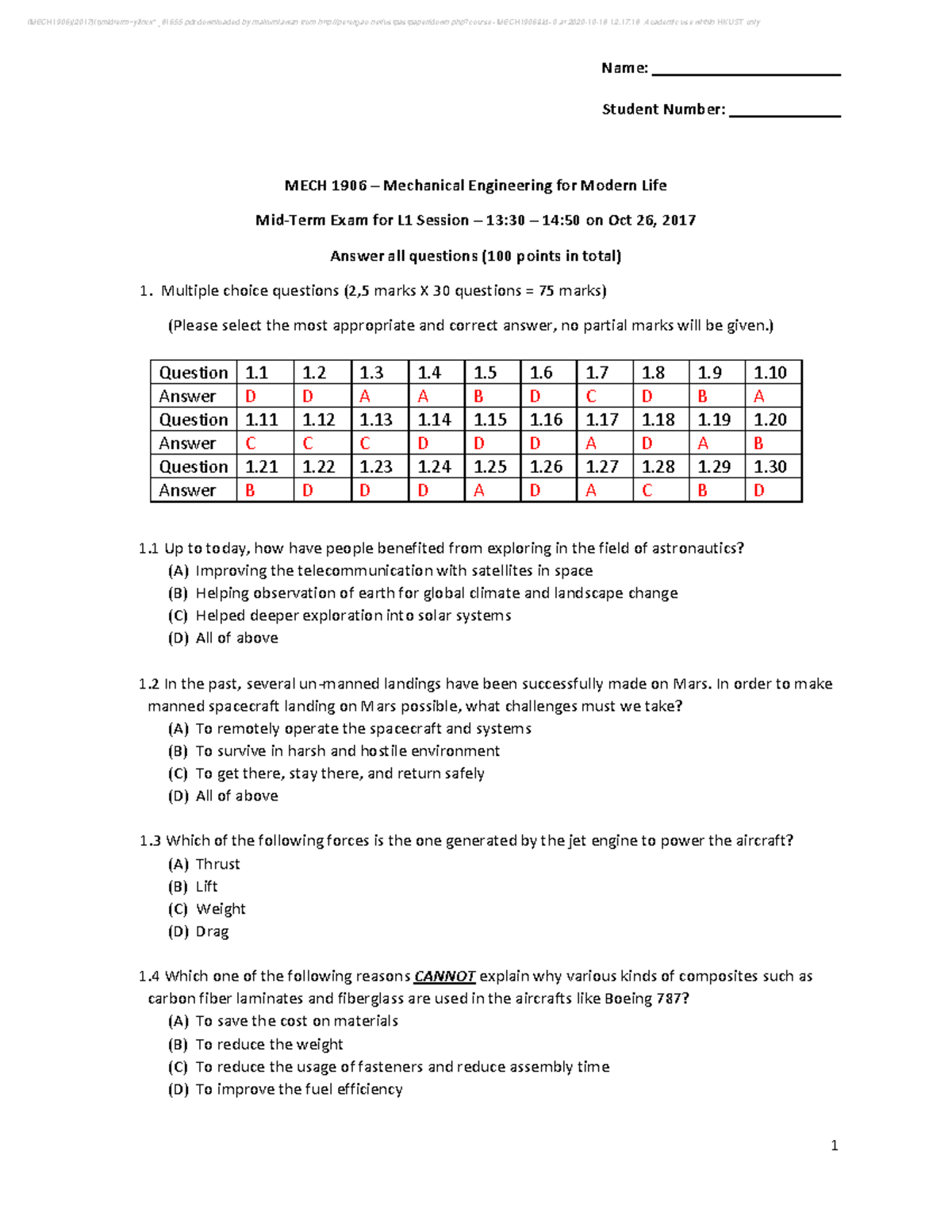 Midterm 2019, questions and answers - Name : ______________________ Student Number ...