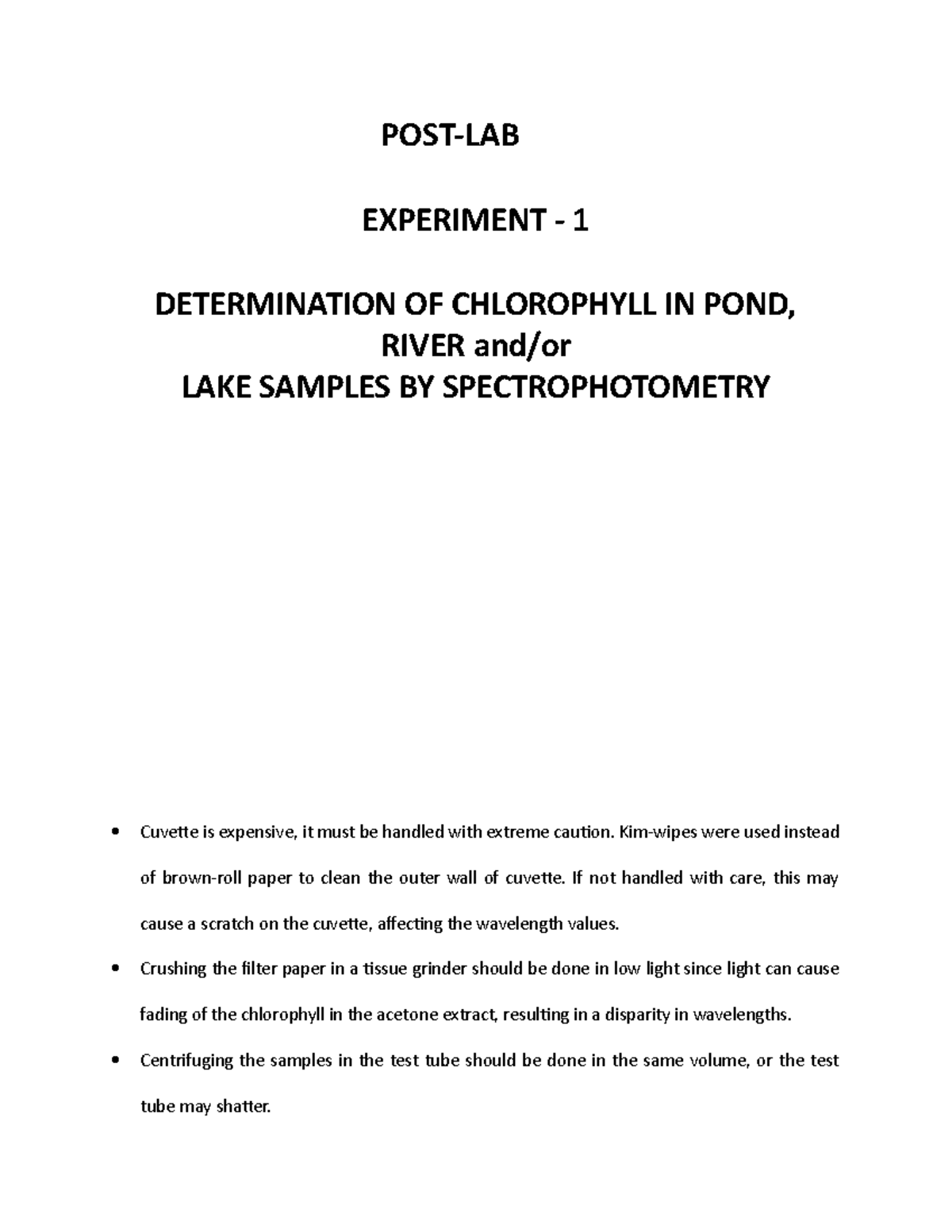 Analy instrument post lab 1sem 5 hero - CHMB16 - U of T - Studocu