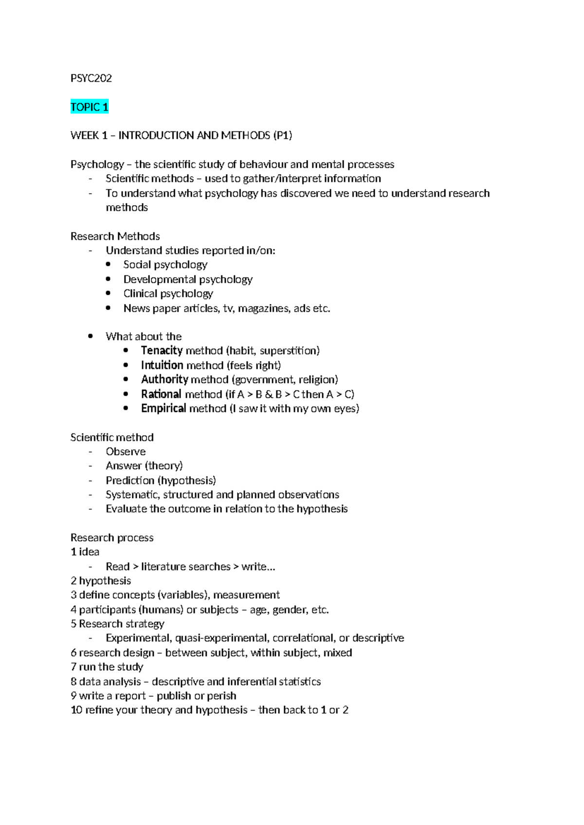 PSYC202 tri 1 notes - PSYC TOPIC 1 WEEK 1 – INTRODUCTION AND METHODS ...