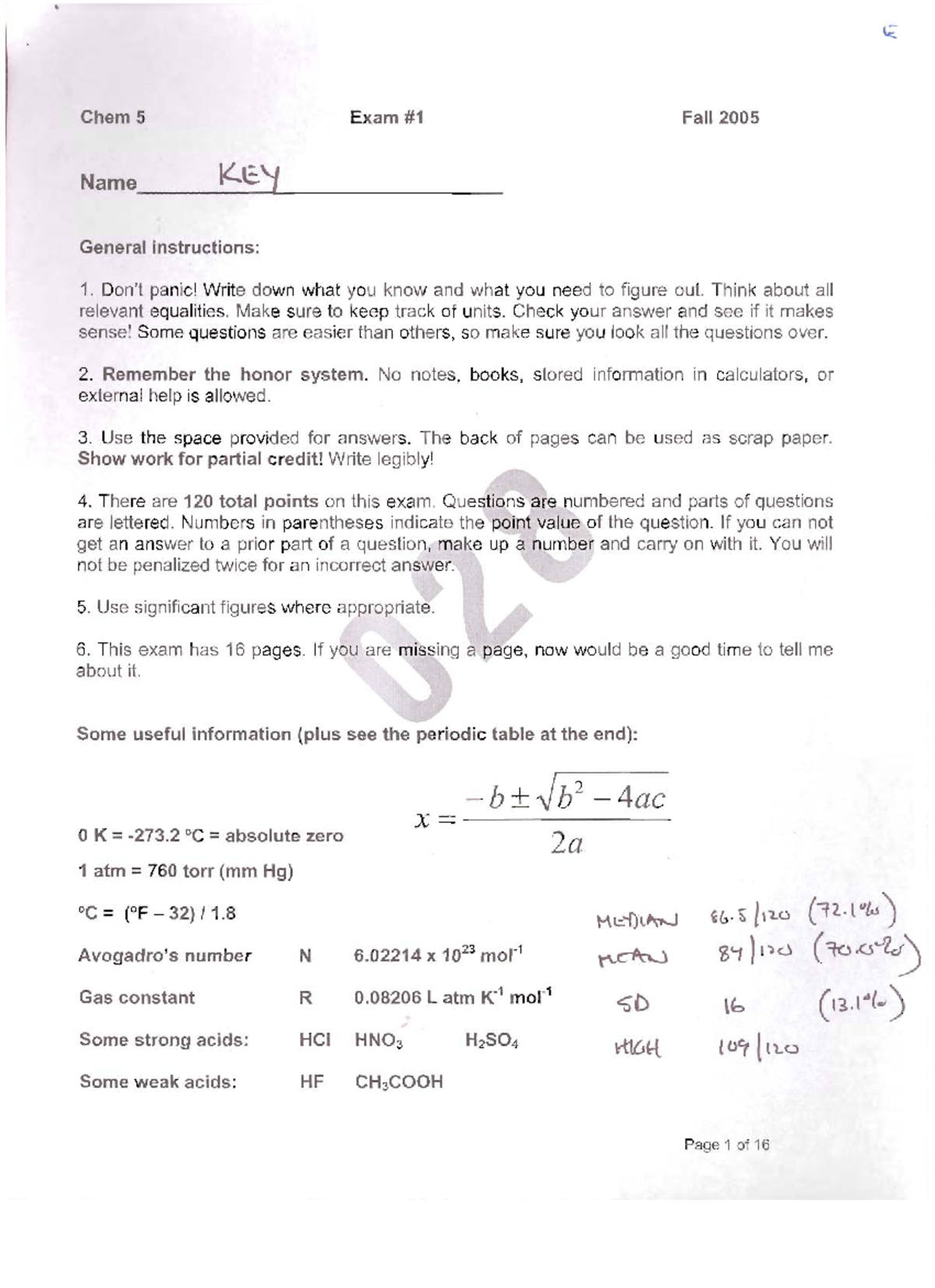 Chem5 Exam1 F05 Key - CHEM 005 - Studocu