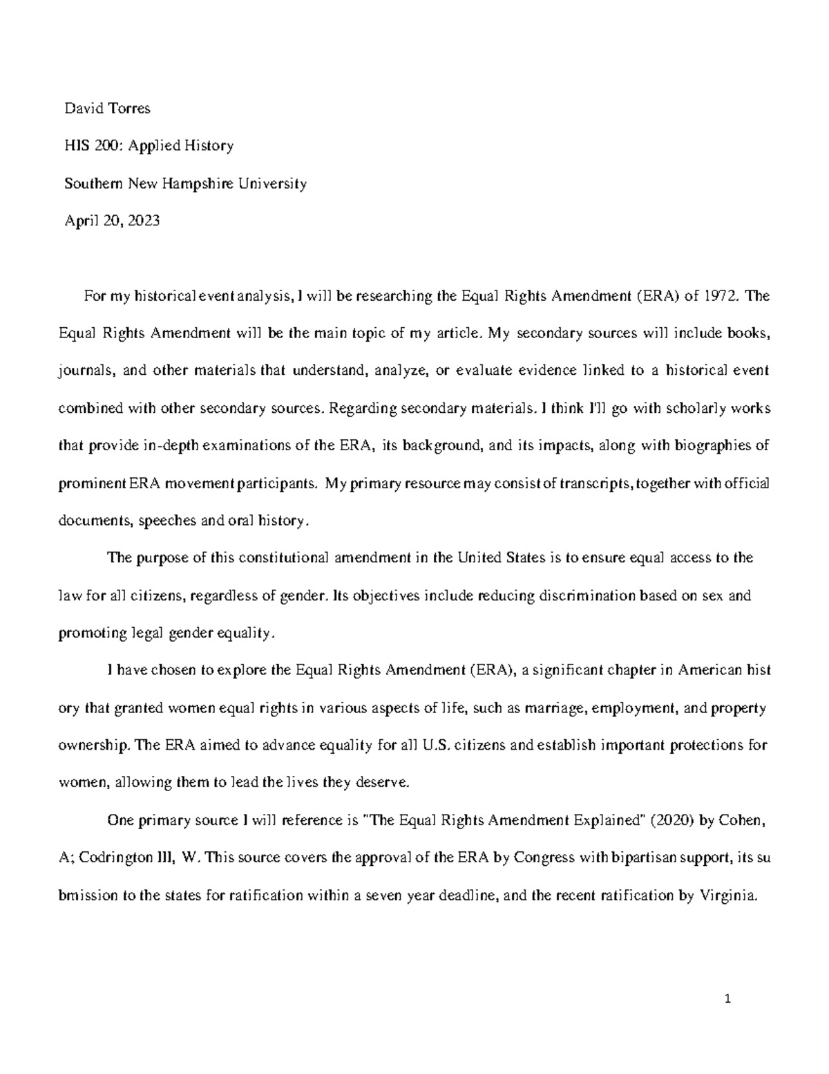 David torres.Writing Plan - 1 David Torres HIS 200: Applied History ...