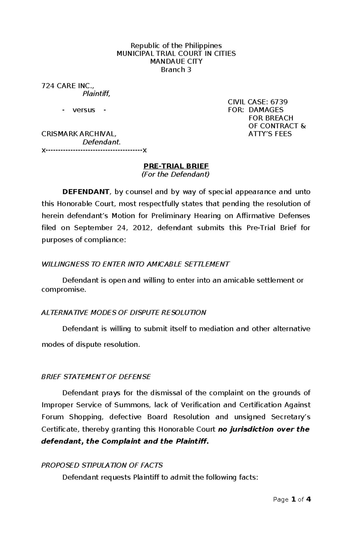 Pre-Trial Brief (defendant) - format - Republic of the Philippines ...