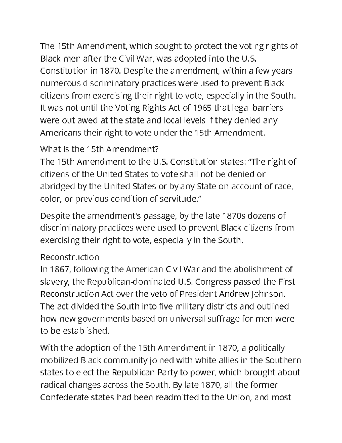 15th Amendment Notes - The 15th Amendment, which sought to protect the ...