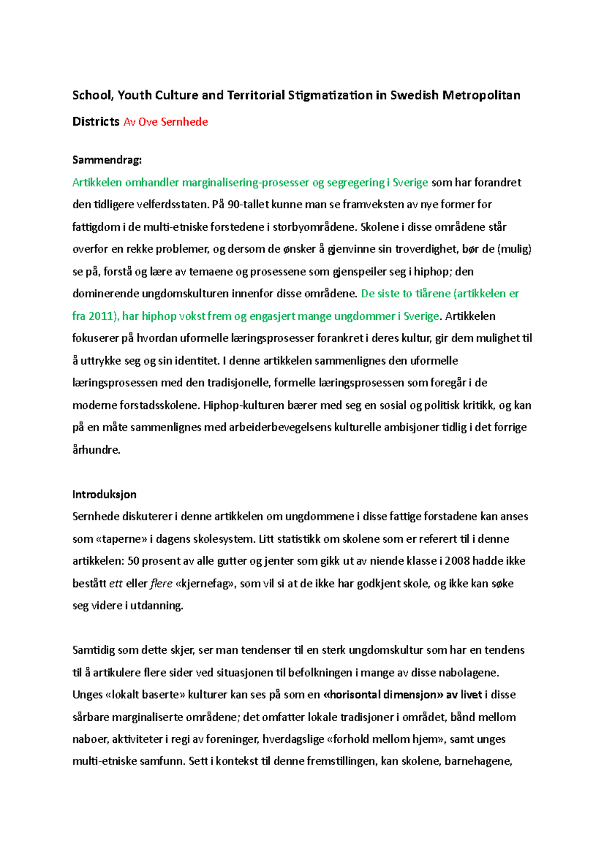 "School, Youth Culture and Territorial Stigmatization in Swedish ...