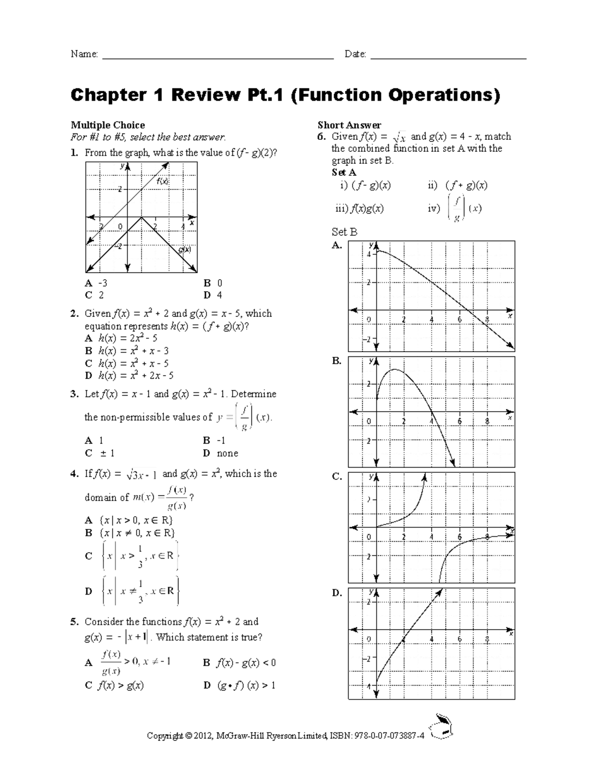 Chp 1 Functions Transformations Review - Name: ___________________________________________ Date ...