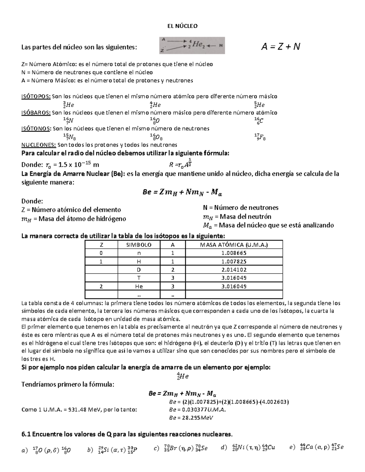 Fisica Nucleo y reac nucl - N = Número de neutrones 𝑚𝑁 = Masa del ...
