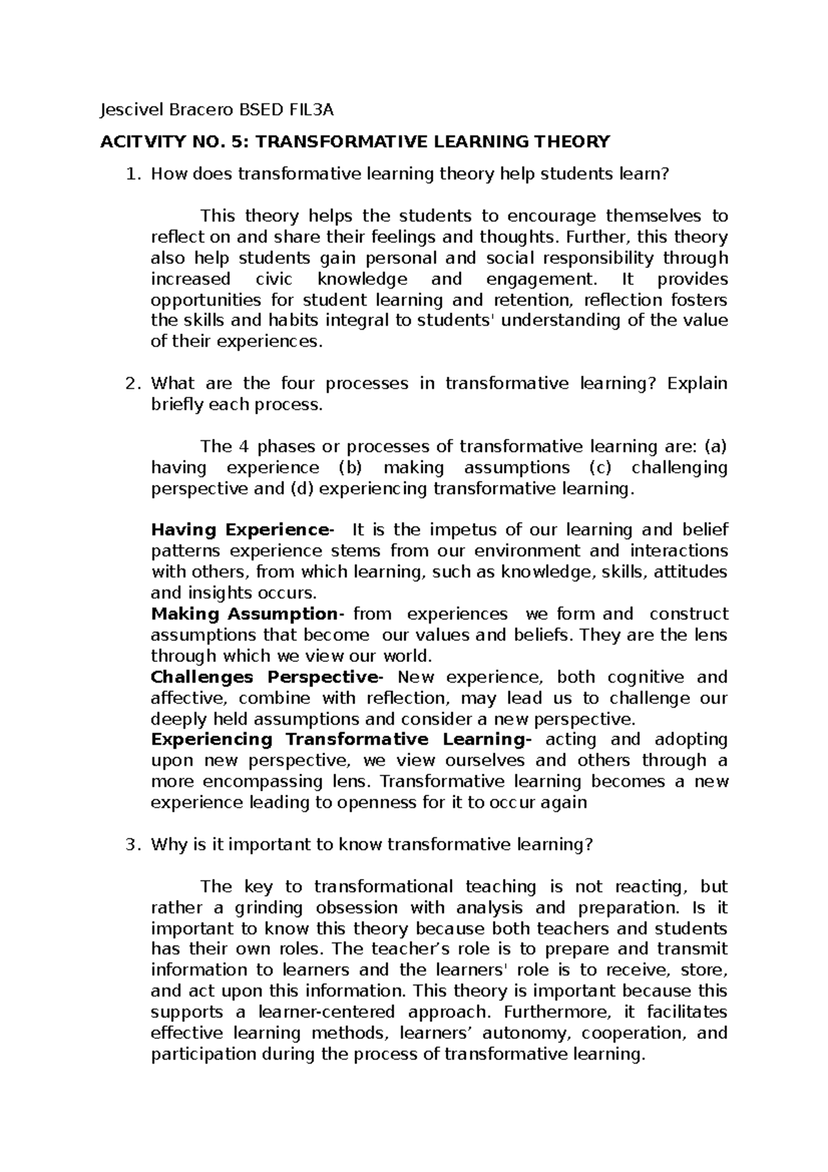 Activity 5: Transformative Learning Theory. Jejsu h - Jescivel Bracero ...